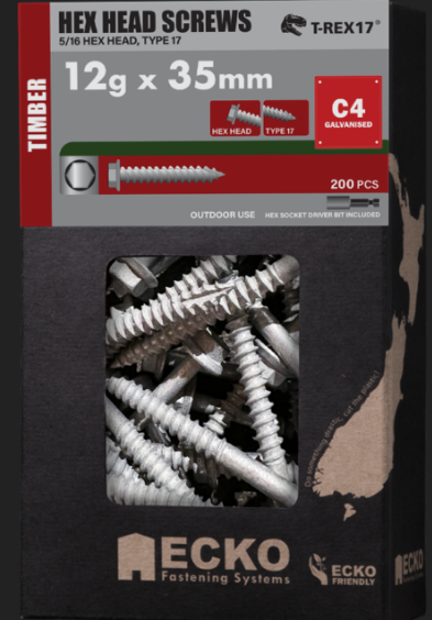 Ecko Hex T17 Screw C4 Galvanized 14G-65,75,100mm Pack of 100 – Hardware ...