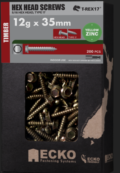 Ecko Hex T17 Screw Yellow Zinc 12G & 14G-35mm Pack of 200 – Hardware ...
